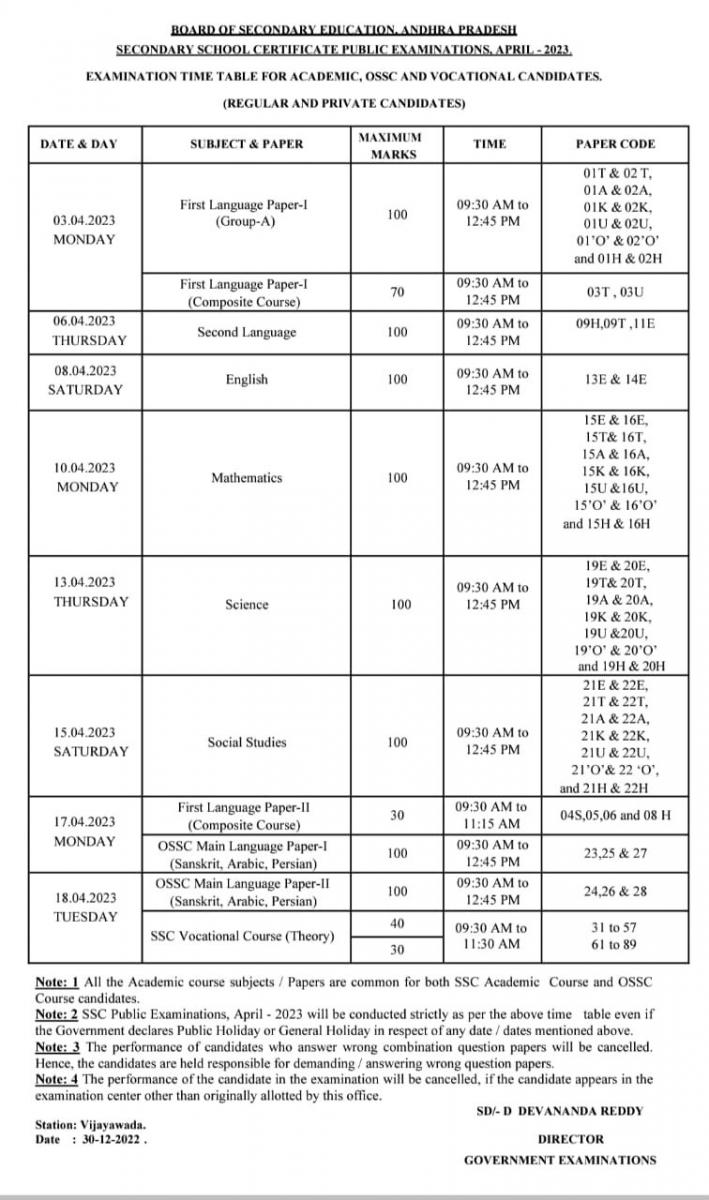 AP SSC Exam Time Table 2023 Download Manabadi 10th Class Timetable
