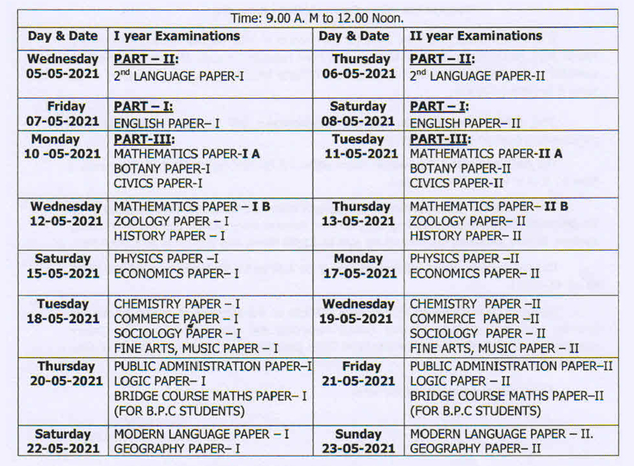AP Inter Time table 2021. Intermediate 1st Year, 2nd Year Exam ...